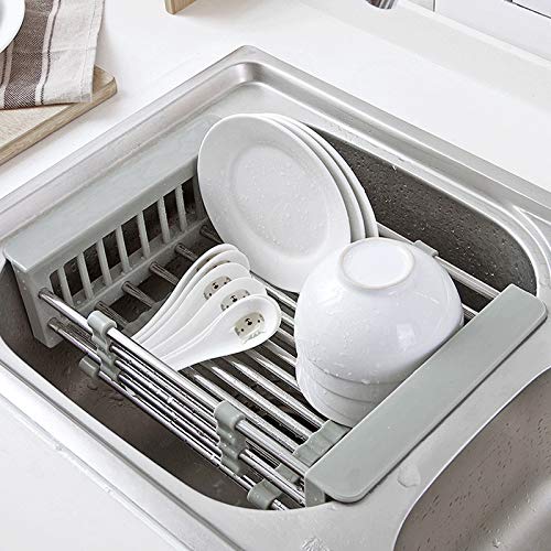 PDGJG Stainless Steel Dish Drainer Adjustable Arms Holder Functional Kitchen Sink Organizer Vegetable Fruit Drying Dish Rack