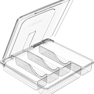 CDWMJ Silverware Organizer for Drawer & Countertop with Lid, Plastic Flatware Cutlery Tray with 5 Compartments, Dustproof Portable Kitchen Utensil Holder