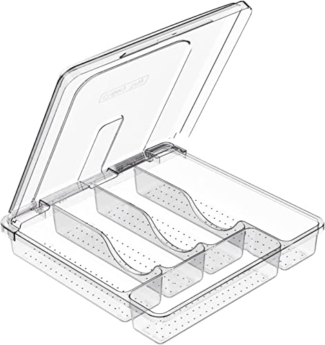 CDWMJ Silverware Organizer for Drawer & Countertop with Lid, Plastic Flatware Cutlery Tray with 5 Compartments, Dustproof Portable Kitchen Utensil Holder