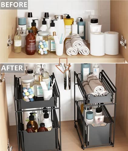 2 Pack - Simple Gear Heavy Duty 2-Tier Under Sink Cabinet Organizers with Sliding Storage Drawer, Pull Out Cabinets Organizer Shelf for Kitchen Bathroom Cabinet or Pantry (Black-2 Pack)