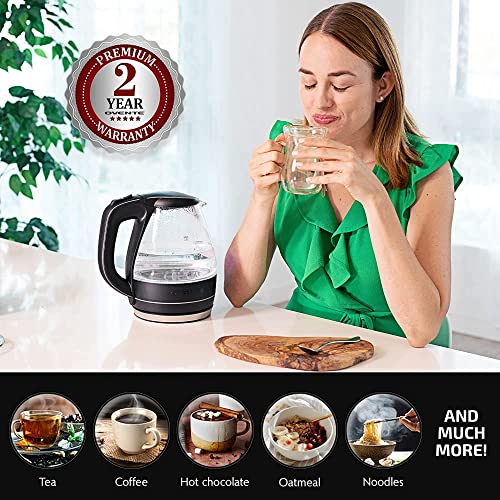 Ovente Glass Electric Kettle, 1.5 Liter BPA Free Borosilicate Glass Fast Boiling Countertop Heater with Automatic Shut Off & Boil Dry Protection, Hot water Boiler for Tea & Coffee, Black KG83B