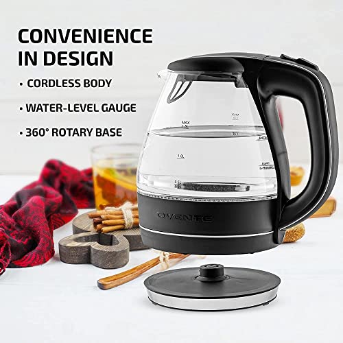 Ovente Glass Electric Kettle, 1.5 Liter BPA Free Borosilicate Glass Fast Boiling Countertop Heater with Automatic Shut Off & Boil Dry Protection, Hot water Boiler for Tea & Coffee, Black KG83B