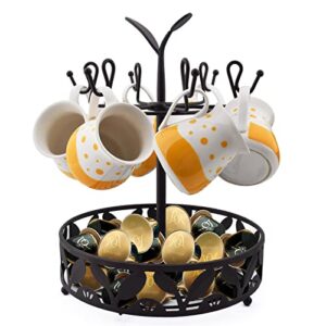 cuke2beet mug tree with basket, coffee mug holder mug rack with coffee pod storage, coffee cup tree stand cup holder countertop for coffee bar decor accessory and kitchen organizer (rotatable)