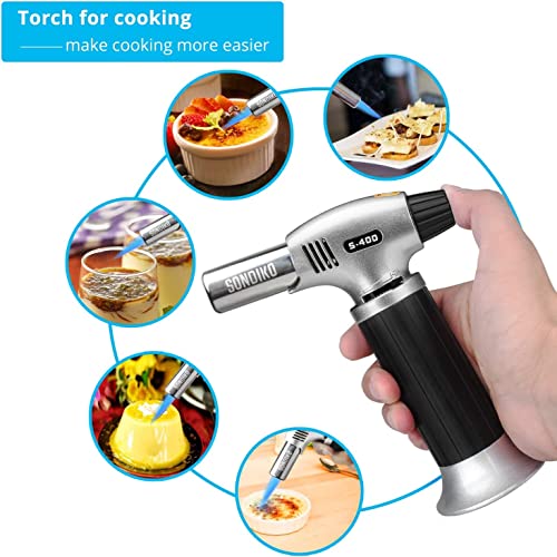 Sondiko Butane Torch S400, Refillable Kitchen Torch Lighter, Fit All Butane Tanks Blow Torch with Safety Lock and Adjustable Flame for Desserts, Creme Brulee, and Baking—Butane Gas Is Not Included