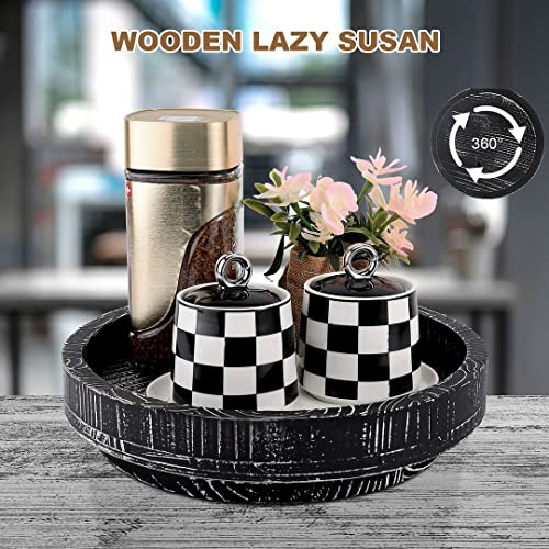 Lazy Susan for Table, Dining Table Centerpiece, Wood Lazy Susan Organizer Turntable, Farmhouse Black Round Distressed Tray - 12 Inch