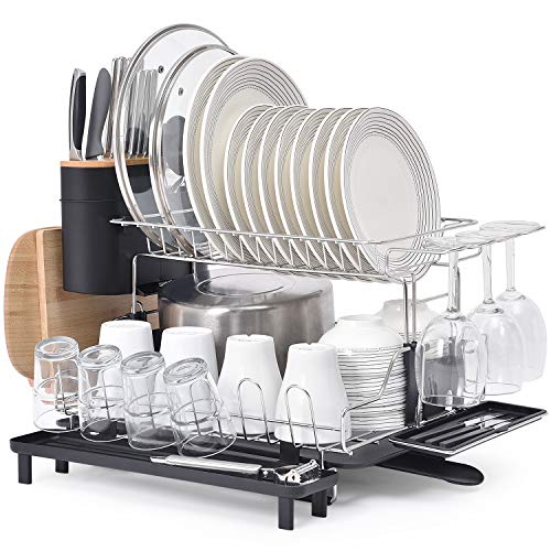 KINGRACK 2 Tier Dish Rack,304 Stainless Steel Dish Drainer,Large Capacity Dish Drying Rack with Drip Tray,Removable Cutting Board Wine Glasses Cups Holder for Kitchen,Medium Size