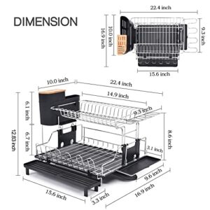 KINGRACK 2 Tier Dish Rack,304 Stainless Steel Dish Drainer,Large Capacity Dish Drying Rack with Drip Tray,Removable Cutting Board Wine Glasses Cups Holder for Kitchen,Medium Size