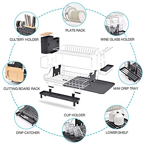 KINGRACK 2 Tier Dish Rack,304 Stainless Steel Dish Drainer,Large Capacity Dish Drying Rack with Drip Tray,Removable Cutting Board Wine Glasses Cups Holder for Kitchen,Medium Size