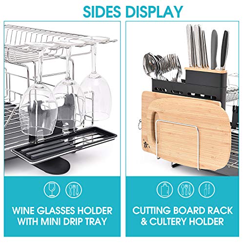 KINGRACK 2 Tier Dish Rack,304 Stainless Steel Dish Drainer,Large Capacity Dish Drying Rack with Drip Tray,Removable Cutting Board Wine Glasses Cups Holder for Kitchen,Medium Size