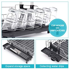 KINGRACK 2 Tier Dish Rack,304 Stainless Steel Dish Drainer,Large Capacity Dish Drying Rack with Drip Tray,Removable Cutting Board Wine Glasses Cups Holder for Kitchen,Medium Size