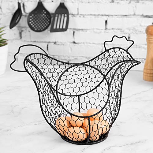 MyGift Black Metal Chicken Shaped Egg Gathering Basket Holder, Farmhouse Kitchen Décor Countertop Storage Basket