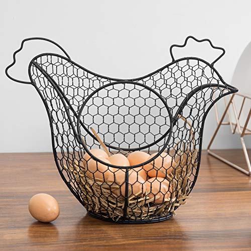 MyGift Black Metal Chicken Shaped Egg Gathering Basket Holder, Farmhouse Kitchen Décor Countertop Storage Basket