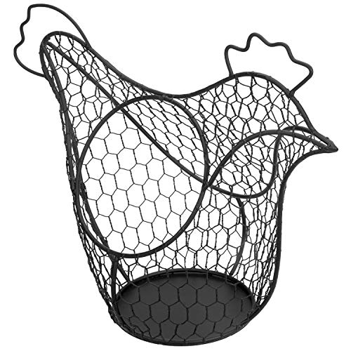 MyGift Black Metal Chicken Shaped Egg Gathering Basket Holder, Farmhouse Kitchen Décor Countertop Storage Basket