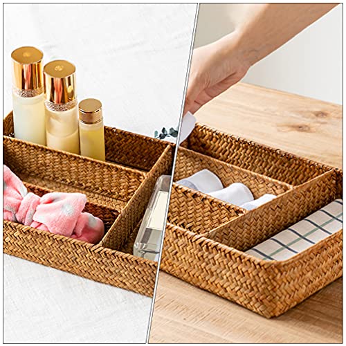 STOBOK 1Pc Woven Kitchen Drawer, Organizer Rattan Utensil Tray Silverware Tray Cutlery Storage Basket Compartment Forks Spoon Storage Tray for Home