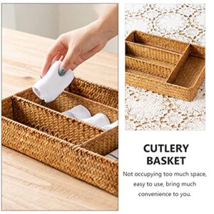 STOBOK 1Pc Woven Kitchen Drawer, Organizer Rattan Utensil Tray Silverware Tray Cutlery Storage Basket Compartment Forks Spoon Storage Tray for Home