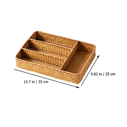 STOBOK 1Pc Woven Kitchen Drawer, Organizer Rattan Utensil Tray Silverware Tray Cutlery Storage Basket Compartment Forks Spoon Storage Tray for Home