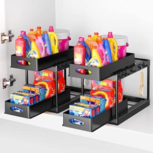 2pack double sliding cabinet organizer, under sink organizers and storage, 2 tier kitchen organization with 6 hooks, bathroom countertop organizer, pull out cabinet organizer baskets