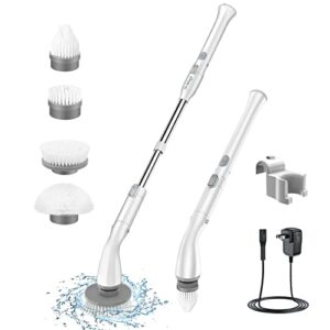 labigo electric spin scrubber la1 pro, cordless spin scrubber with 4 replaceable brush heads and adjustable extension handle, power cleaning brush for bathroom floor tile (white)