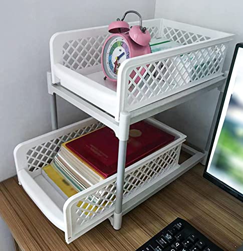 2 Tier Under Sink Organizer White Cabinet Slide Out Food Storage Shelves Vanity Bathroom Under the Sink Pull Out Home organizer with Sliding Baskets Cabinet Spice Rack for Kitchent Desk hegsymum