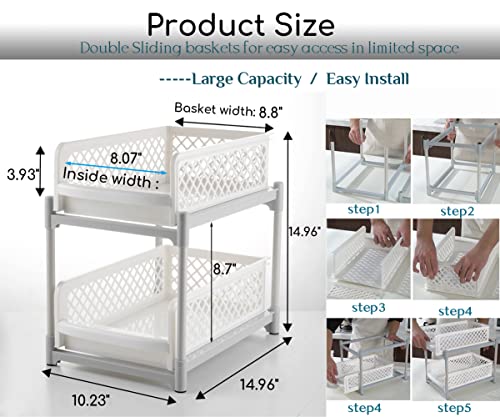 2 Tier Under Sink Organizer White Cabinet Slide Out Food Storage Shelves Vanity Bathroom Under the Sink Pull Out Home organizer with Sliding Baskets Cabinet Spice Rack for Kitchent Desk hegsymum