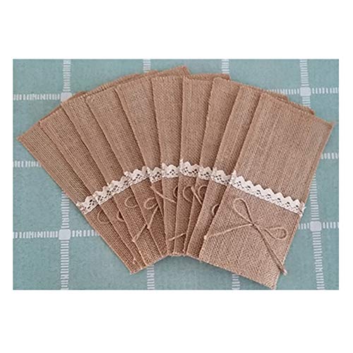 10 Pcs Burlap Lace Utensil Cutlery Holders Cutlery Pouch Knifes Forks Bag for Vintage Natural Wedding Bridal Shower Tableware Christmas Party (4x8inch)