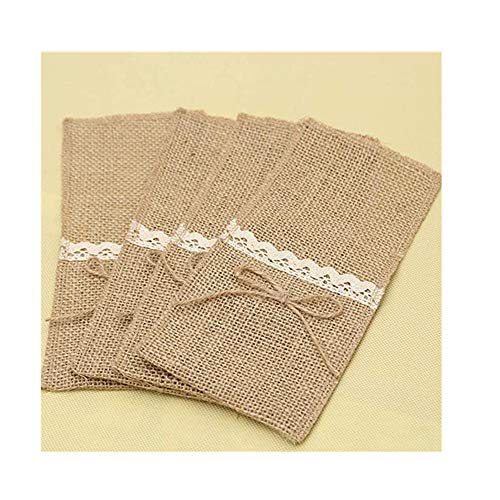 10 Pcs Burlap Lace Utensil Cutlery Holders Cutlery Pouch Knifes Forks Bag for Vintage Natural Wedding Bridal Shower Tableware Christmas Party (4x8inch)