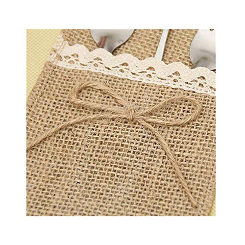 10 Pcs Burlap Lace Utensil Cutlery Holders Cutlery Pouch Knifes Forks Bag for Vintage Natural Wedding Bridal Shower Tableware Christmas Party (4x8inch)