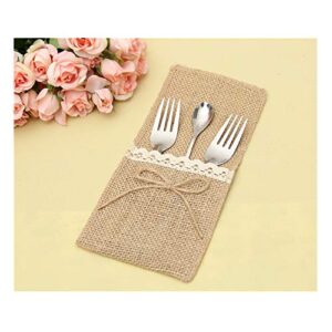 10 Pcs Burlap Lace Utensil Cutlery Holders Cutlery Pouch Knifes Forks Bag for Vintage Natural Wedding Bridal Shower Tableware Christmas Party (4x8inch)