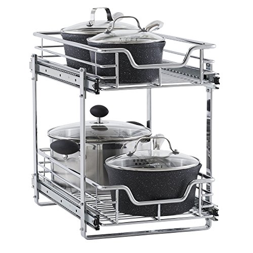 Household Essentials C21521-1 Glidez Dual 2-Tier Sliding Cabinet Organizer, 14.5" Wide, Chrome & C21221-1 Glidez 2-Tier Sliding Cabinet Organizer, 11.5" Wide, Chrome