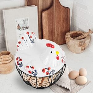 Flexzion Chicken Egg Basket - Wire Chicken Egg Basket with Ceramic Chicken Cover and Handles - Rustic Country Farmhouse Decor Countertop Egg Holder, Rustic Cherry