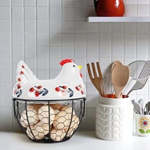 Flexzion Chicken Egg Basket - Wire Chicken Egg Basket with Ceramic Chicken Cover and Handles - Rustic Country Farmhouse Decor Countertop Egg Holder, Rustic Cherry