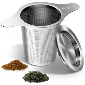 yoassi extra fine 18/8 stainless steel tea infuser mesh strainer with large capacity & perfect size double handles for hanging on teapots, mugs, cups to steep loose leaf tea and coffee