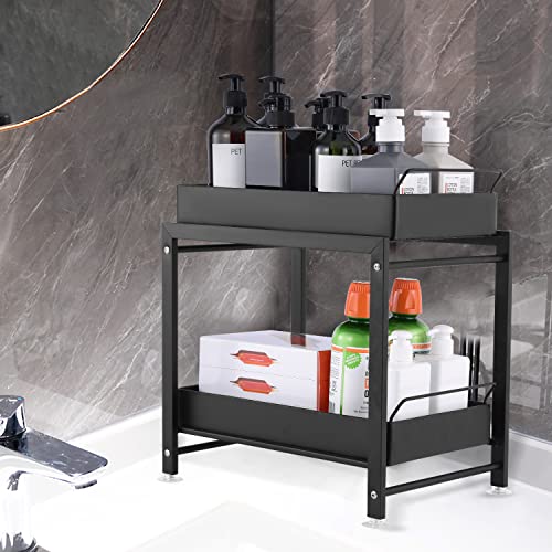 Under Sink Organizer, Bathroom Cabinet Storage, 2-Tier Kitchen Cabinet Organizer with Sliding Storage Basket Drawers, Multi-purpose Countertop Storage Shelf for Bathroom,Kitchen,Office (Large, Black)