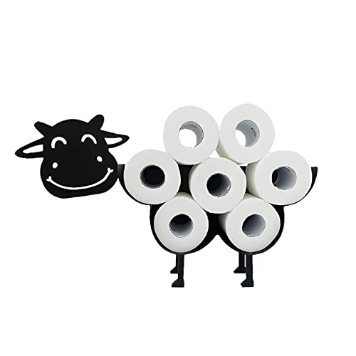 Cow Decorative Toilet Paper Holder Shelf, Cute Funny Tissue Iron Storage Stand Rack Iron Roll Paper Storage Bathroom Kitchen Accessories (Black-Cow)