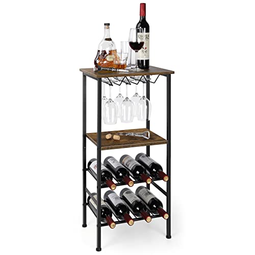 ETELI Wine Rack Table Freestanding Floor Wood Wine Bottles Storage with Shelves Hold 8 Wine Bottles and 9 Goblets Industrial Small Wine Display Stand for Dining Room Kitchen,Brown