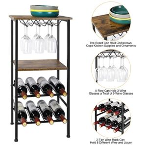 ETELI Wine Rack Table Freestanding Floor Wood Wine Bottles Storage with Shelves Hold 8 Wine Bottles and 9 Goblets Industrial Small Wine Display Stand for Dining Room Kitchen,Brown