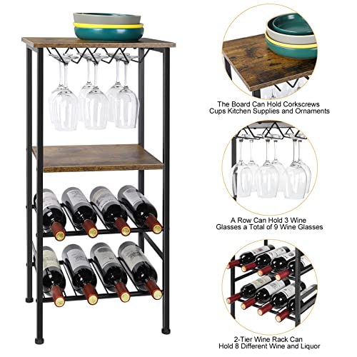 ETELI Wine Rack Table Freestanding Floor Wood Wine Bottles Storage with Shelves Hold 8 Wine Bottles and 9 Goblets Industrial Small Wine Display Stand for Dining Room Kitchen,Brown