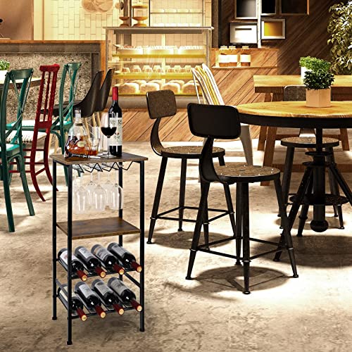 ETELI Wine Rack Table Freestanding Floor Wood Wine Bottles Storage with Shelves Hold 8 Wine Bottles and 9 Goblets Industrial Small Wine Display Stand for Dining Room Kitchen,Brown