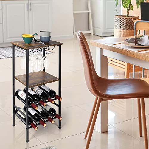 ETELI Wine Rack Table Freestanding Floor Wood Wine Bottles Storage with Shelves Hold 8 Wine Bottles and 9 Goblets Industrial Small Wine Display Stand for Dining Room Kitchen,Brown