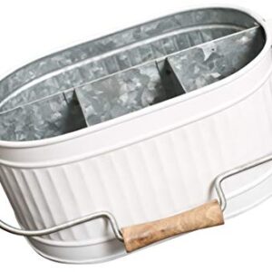 Utensil Caddy Carry-All Serveware - Galvanized Metal Organizer for Kitchen Counter - Comfortable Wooden Handle Indoor/Outdoor Storage For Flatware, Condiments, Party Cutlery, Arts - Gray/White