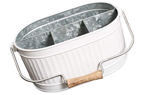 Utensil Caddy Carry-All Serveware - Galvanized Metal Organizer for Kitchen Counter - Comfortable Wooden Handle Indoor/Outdoor Storage For Flatware, Condiments, Party Cutlery, Arts - Gray/White