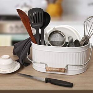 Utensil Caddy Carry-All Serveware - Galvanized Metal Organizer for Kitchen Counter - Comfortable Wooden Handle Indoor/Outdoor Storage For Flatware, Condiments, Party Cutlery, Arts - Gray/White