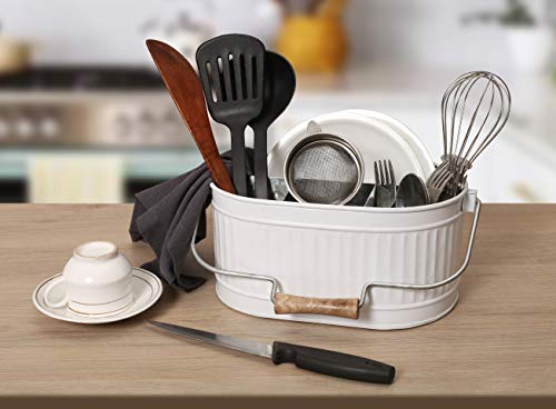 Utensil Caddy Carry-All Serveware - Galvanized Metal Organizer for Kitchen Counter - Comfortable Wooden Handle Indoor/Outdoor Storage For Flatware, Condiments, Party Cutlery, Arts - Gray/White