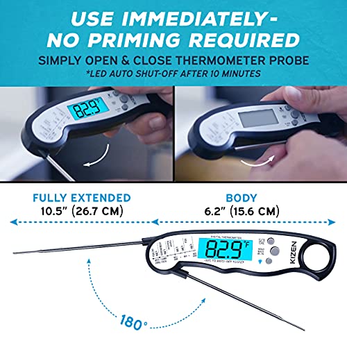 KIZEN Digital Meat Thermometer with Probe - Waterproof, Kitchen Instant Read Food Thermometer for Cooking, Baking, Liquids, Candy, Grilling BBQ & Air Fryer - Black/White