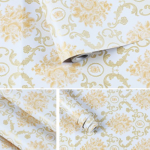 Yifely Gold Damask Self Adhesive Shelf Drawer Liner Decorative Storange Organizers Cabinets Lining Paper Easy to Remove 17.8 Inch by 9.8 Feet