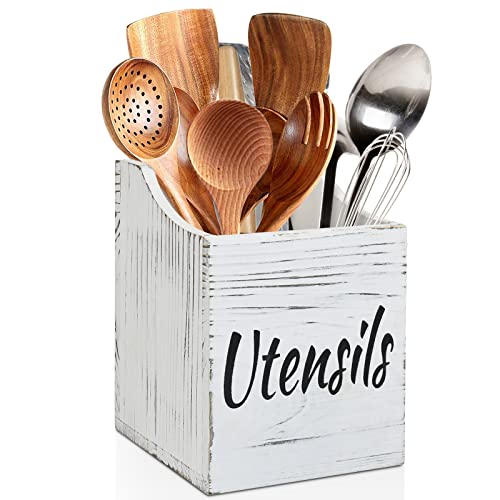 Kitchen Utensil Holder Organizer for Kitchen Countertop, White Cooking Utensil Holder for Countertop, Utensil Crock Holder for Kitchen,Large Utensil Flatware Organizer,Wooden Kitchen Utensil Organizer