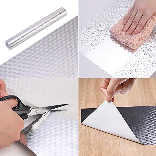 Kitchen Oil Proof Waterproof Sticker Aluminum Foil, Self Adhesive Backsplash Wallpaper, Removable Protective Film for Wall Stove Cabinet Countertop Drawer Liner (2 Roll, Each 117 x 11.7") (30ml)