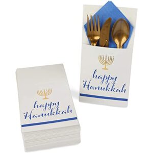 happy hanukkah paper utensil holder, gold menorah (white, 3.7 x 7.5 in, 36 pack)