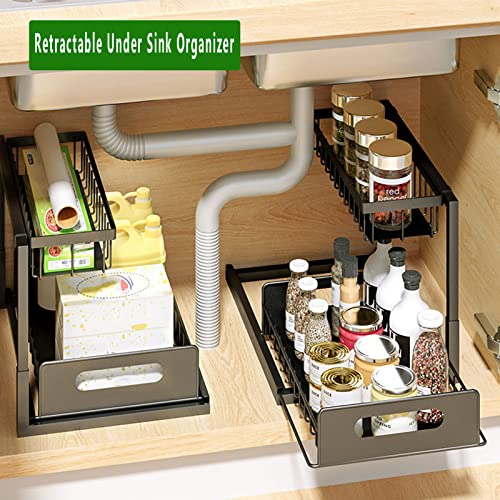 Under Sink Organizers and Storage, Under Cabinet Storage 2 Tier Under Sink Storage Rack, Multi-purpose Under Sink Shelf Organizer for Bathroom Kitchen