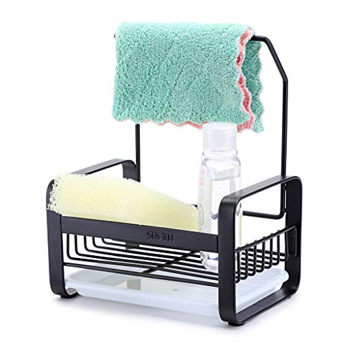 JUXYES Stainless Steel Sponge Holder with Dishcloth Drying Rack, Kitchen Sink Organizer Caddy Tray Sponge Brush Soap Holder with Removable Drain Tray for Kitchen (S, Black)